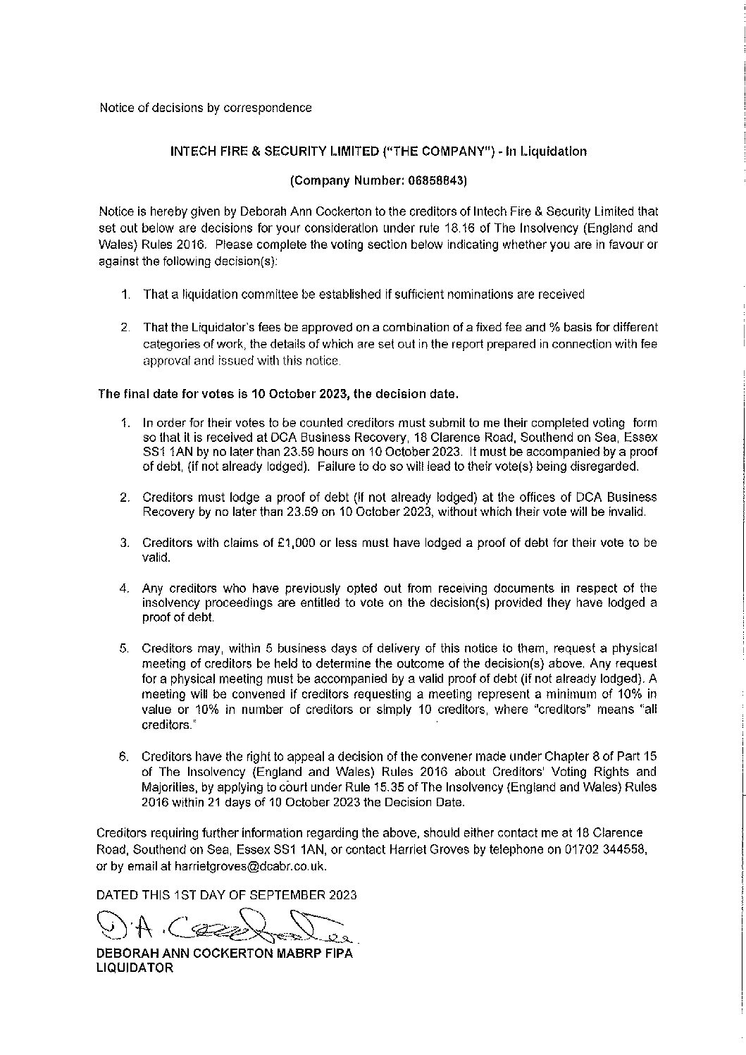 Notice of Resolutions by Correspondence & Voting Form | DCA Business ...